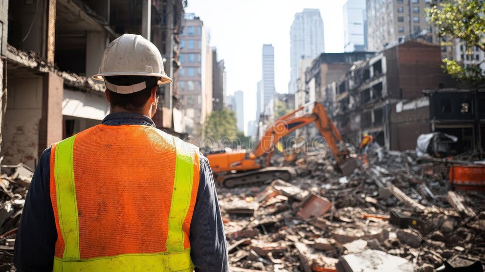 Construction Worker Evaluates Damage at Urban Demolition Site Amidst ...