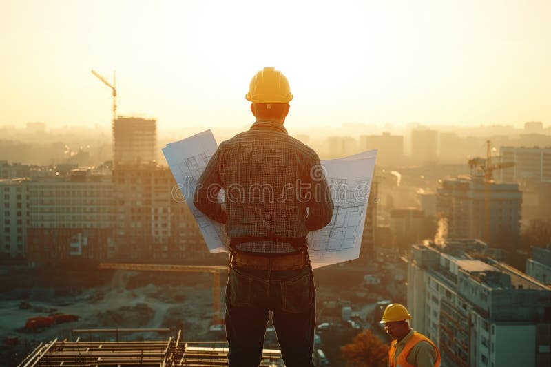 A Construction Worker Examines a Blueprint at a Construction Site Stock ...