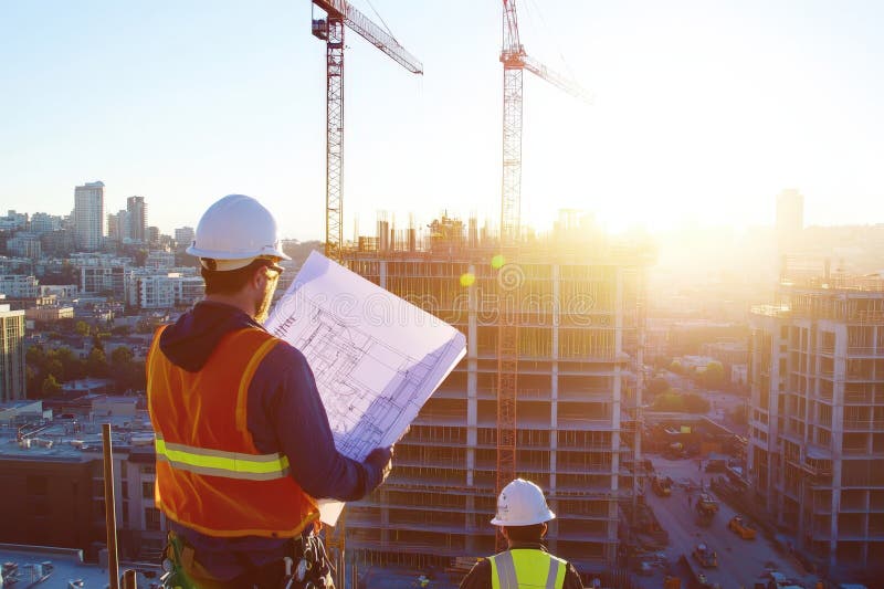 A Construction Worker Examines a Blueprint at a Construction Site Stock ...