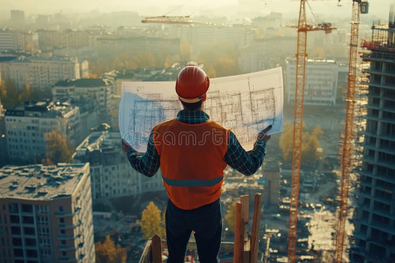 A Construction Worker Examines a Blueprint at a Construction Site Stock ...