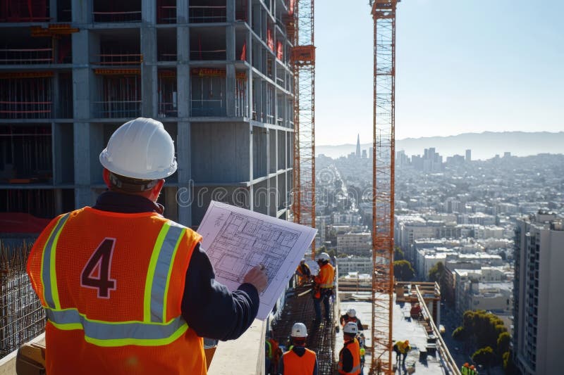 A Construction Worker Examines a Blueprint at a Construction Site Stock ...