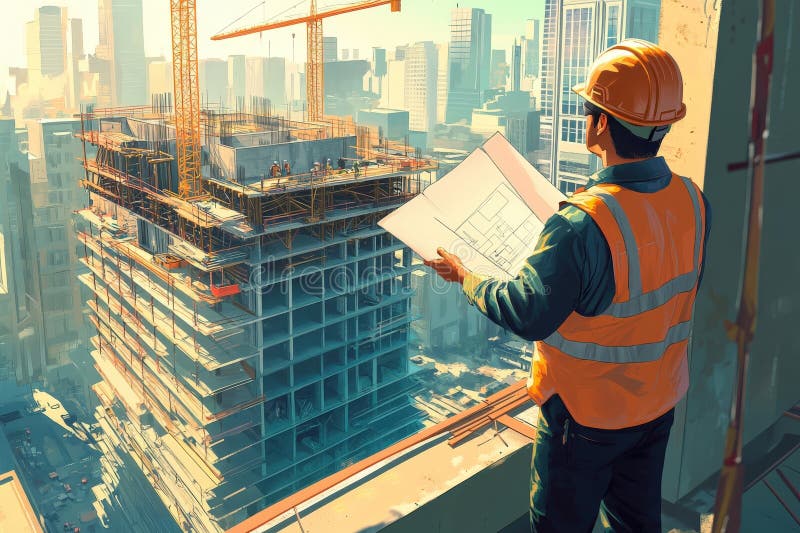 A Construction Worker Examines a Blueprint at a Construction Site Stock ...
