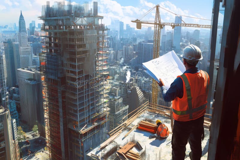 A Construction Worker Examines a Blueprint at a Construction Site Stock ...