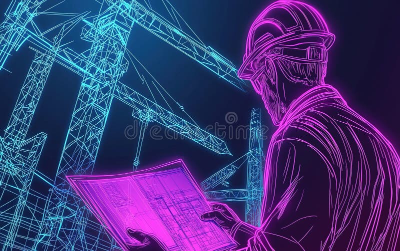 A Construction Worker Examines Blueprints on a Construction Site ...