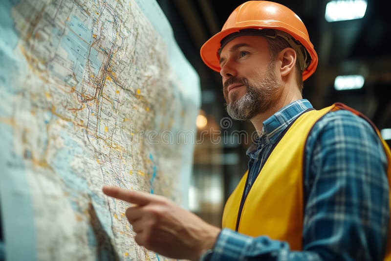 A Construction Worker Examines a Large Map while Pointing at Specific ...