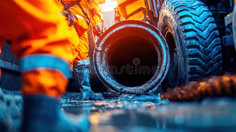 Construction Worker Examines a Large Pipe Near Heavy Machinery on a ...