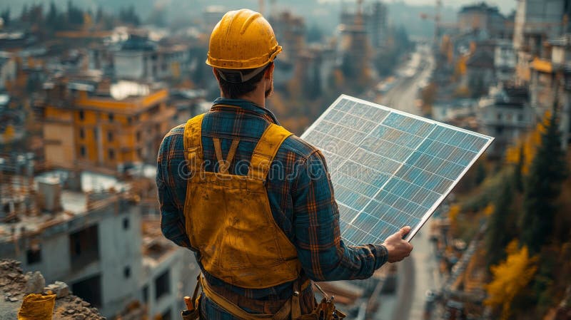 Construction Worker Examines Solar Panel Atop a Building Under ...