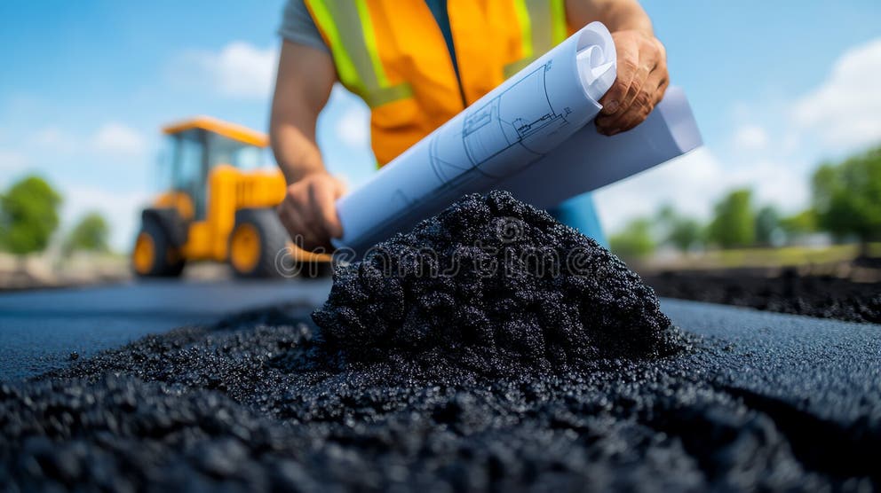 Construction Worker Examining Asphalt with Blueprint on a Site Stock ...