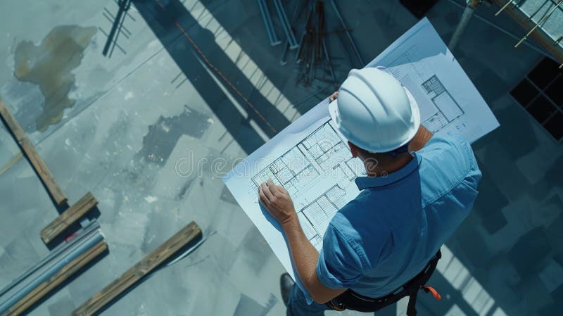 Construction Worker Examining Blueprint Stock Illustration ...