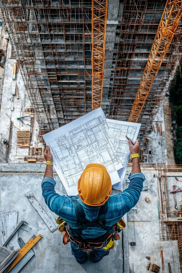 Construction Worker Examining Blueprints at a Construction Site Stock ...