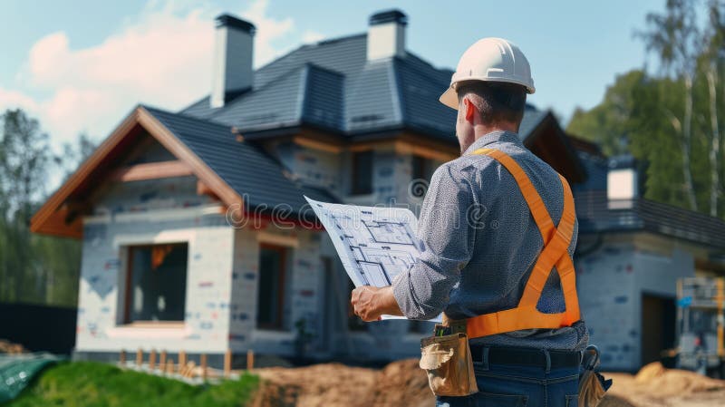 Construction Worker Examining Blueprints at a Building Site Stock ...