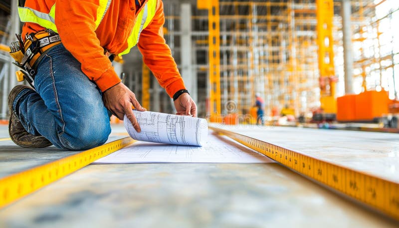 Construction Worker Examining Blueprints on Site, Meticulously Planning ...