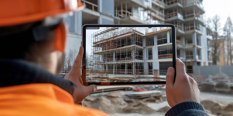 Construction Worker Examining Building Progress on Tablet. Active ...