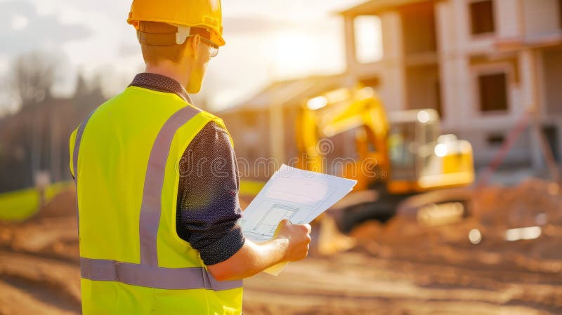 Construction Worker Examining Plans at Building Site Stock Illustration ...