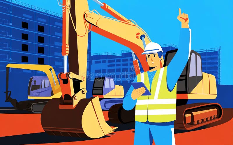 Construction Worker with Excavator on Site, Vibrant Colors, Industry ...