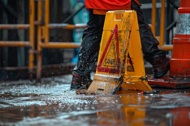A Construction Worker Experiencing a Slipandfall Accident on a Wet ...