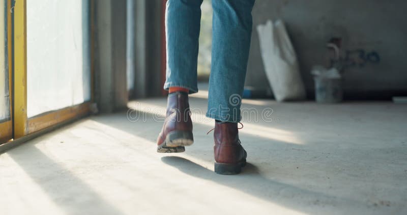 Construction, Worker and Feet of Person Walking for Development ...