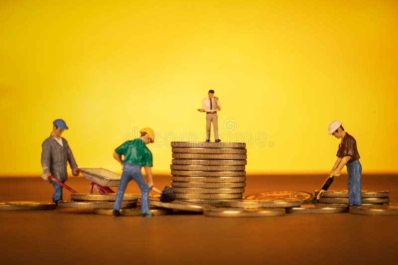 Construction Worker Figures with Their Boss on a Stack of Coins Against ...