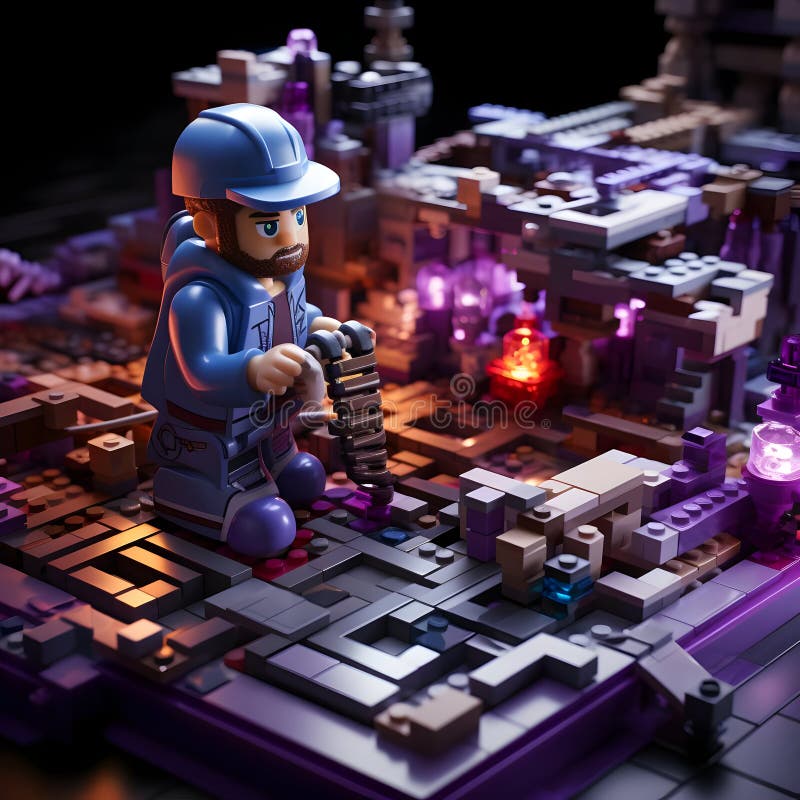 Construction Worker Figurine Assembling Bricks with Blue Helmet in ...