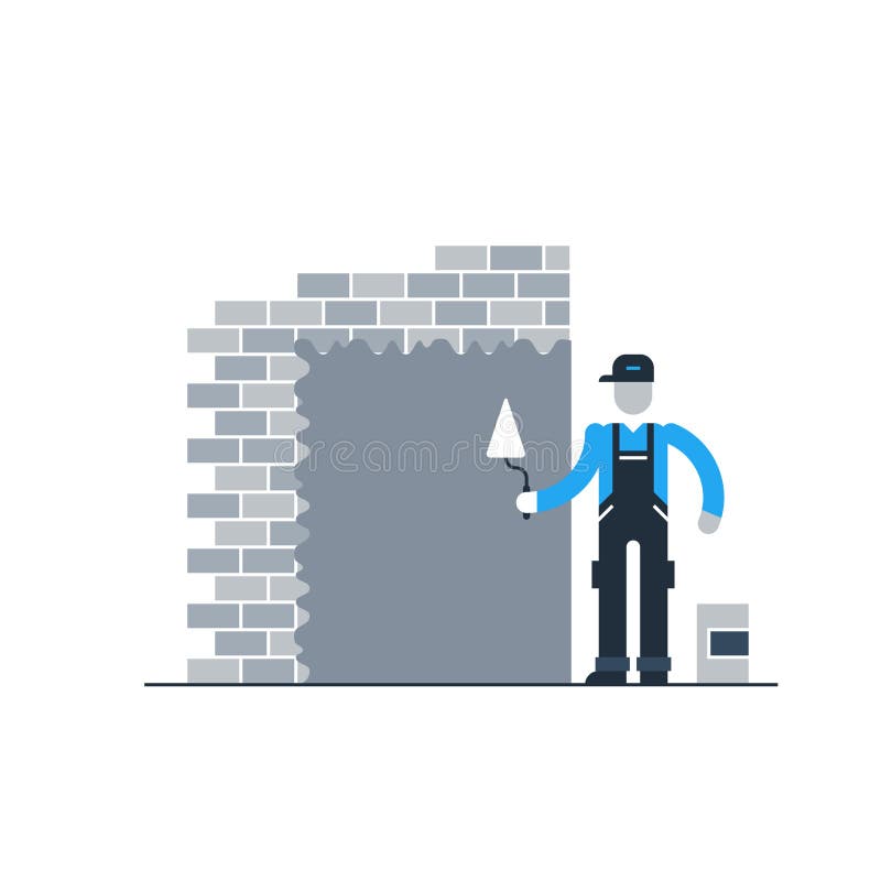 Construction Worker Finishing Brick Wall Stock Vector - Illustration of ...