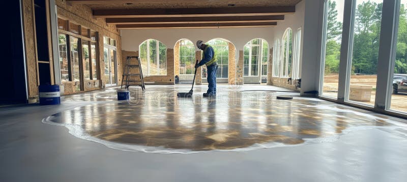 Construction Worker Finishing Concrete Floor with Epoxy Coating in ...