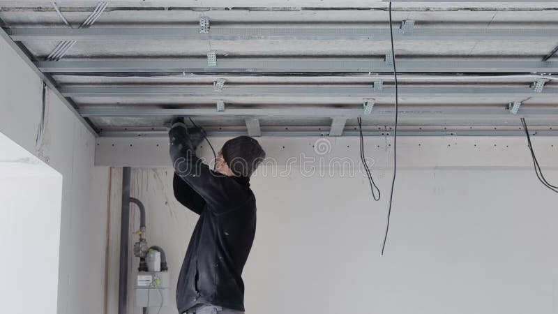 Construction Worker Fixing To the Ceiling Metal Frame with Screwdriver ...