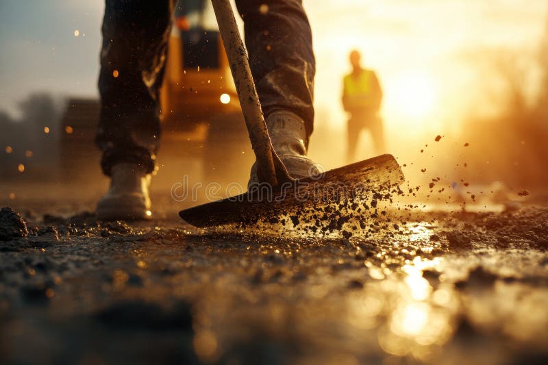 Construction Worker in Action at Sunset Stock Photo - Image of ...