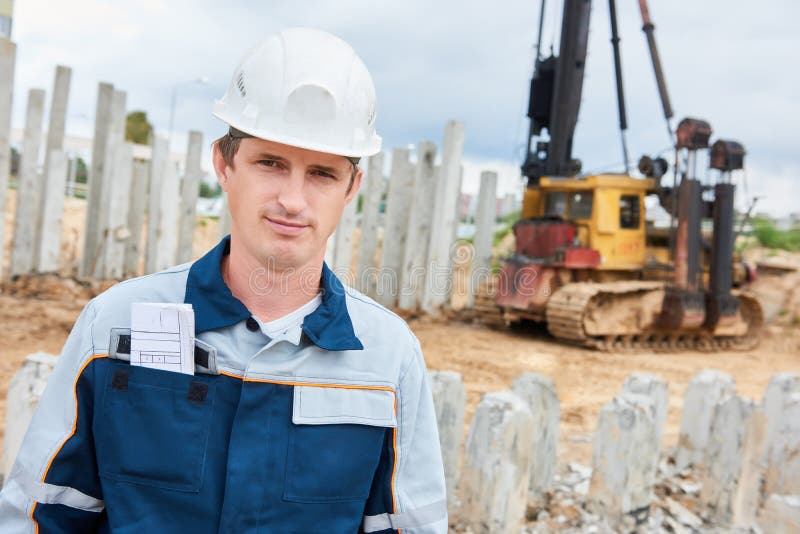 Construction Worker Foreman in Front of Pile Driver Machine Stock Image ...
