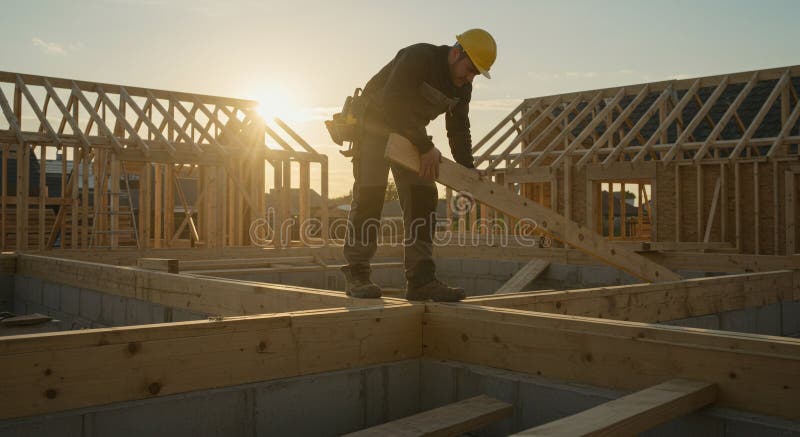 Construction Worker Framing a House at Sunrise Stock Illustration ...
