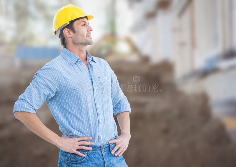 Construction Worker in Front of Construction Site Stock Photo - Image ...