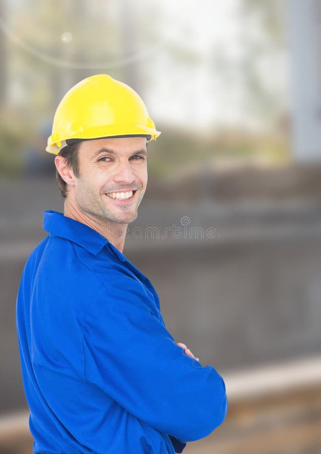 Construction Worker in Front of Construction Site Stock Photo - Image ...