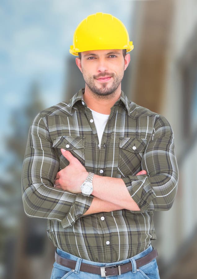 Construction Worker in Front of Construction Site Stock Image - Image ...