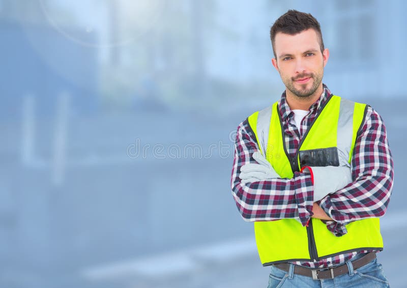 Construction Worker in Front of Construction Site Stock Photo - Image ...