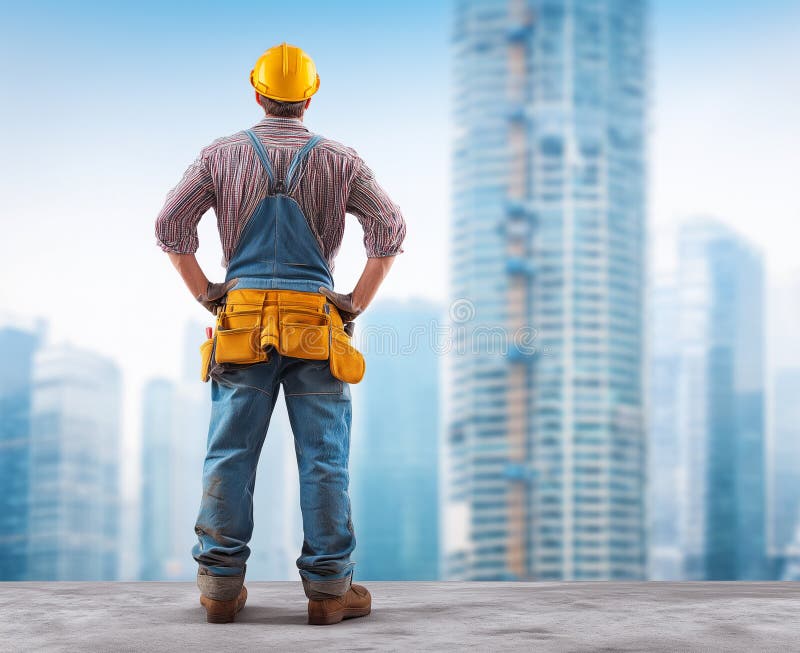 Construction Worker Full Body Back View Looking at Construction Site ...