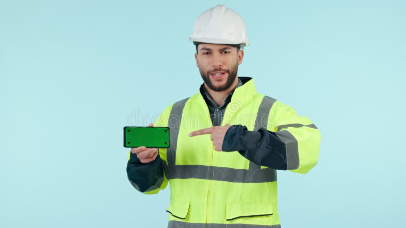 Construction Worker, Green Screen Phone and Studio with Pointing, App ...