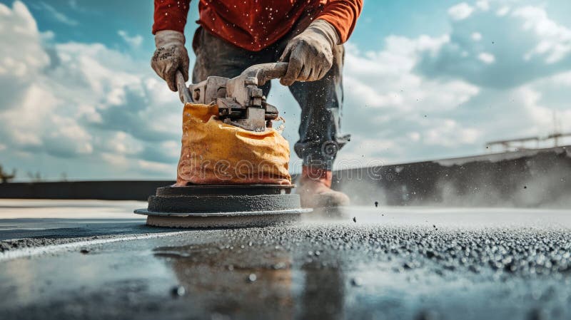 Construction Worker Grinding Concrete Surface on Rooftop with Power ...
