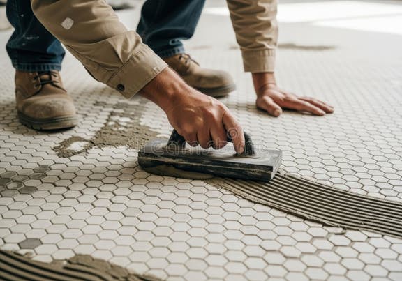 Construction Worker Grouting White Hexagon Tile Floor with Professional ...