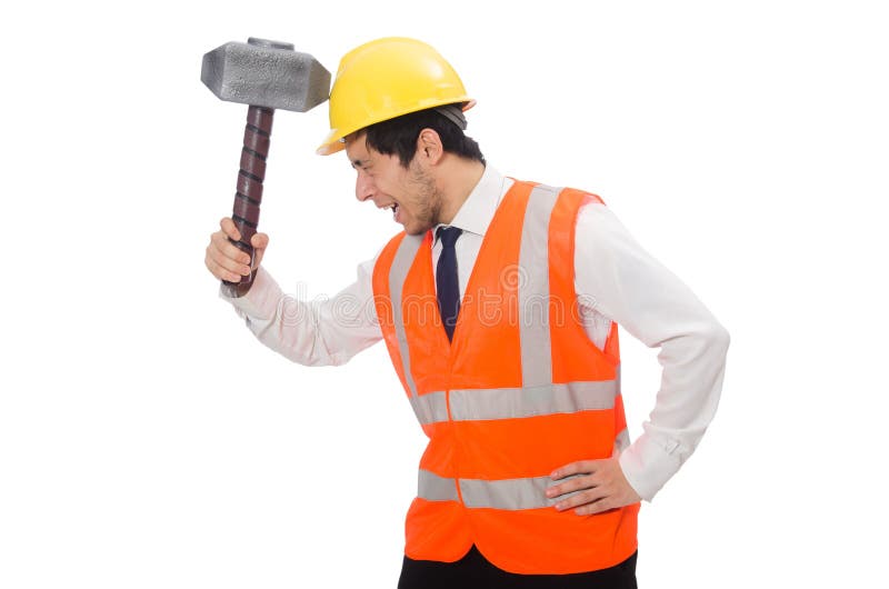 Construction Worker with Hammer Isolated on White Stock Image - Image ...