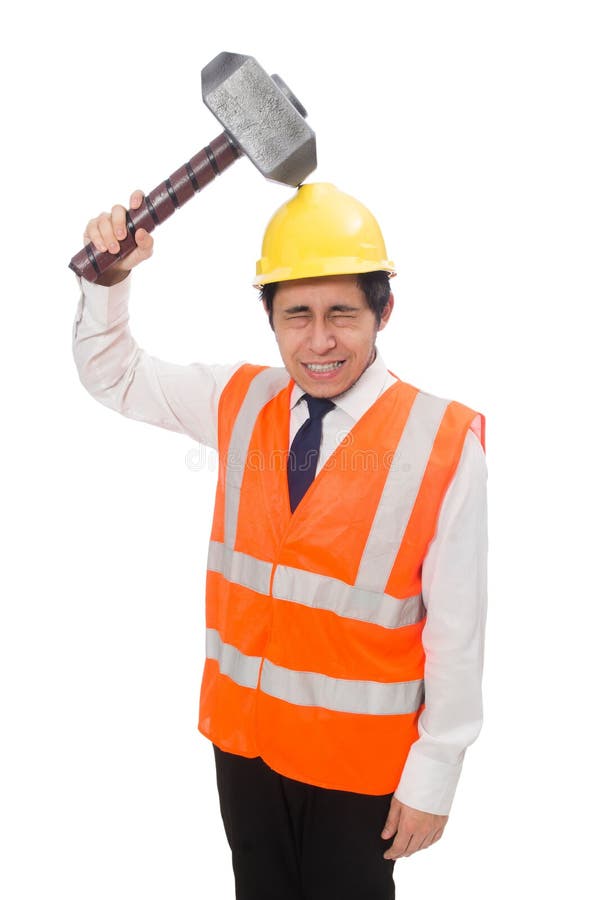 Construction Worker with Hammer Isolated on White Stock Photo - Image ...