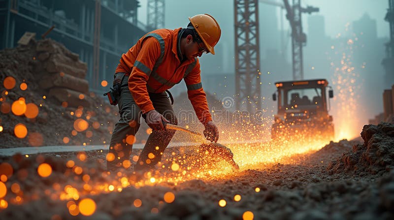 Construction Worker Handling Materials with Sparks at a Building Site ...