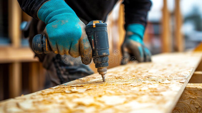 Construction Worker Hands in Gloves Using Cordless Drill on Osb ...