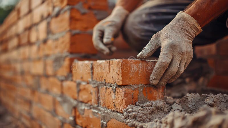 Construction Worker Hands Skillfully Laying Red Clay Bricks with Fresh ...