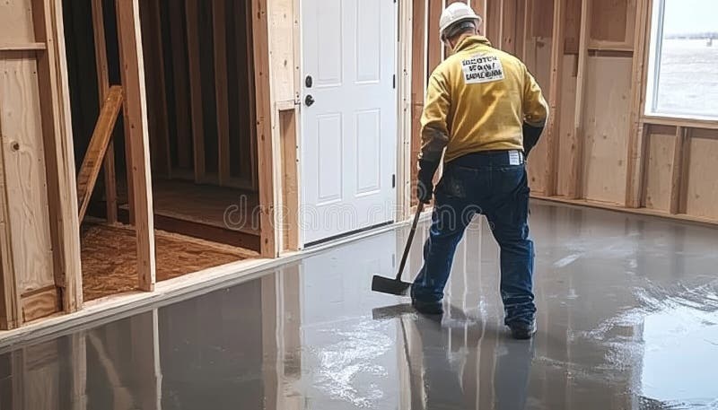 Construction Worker in Hard Hat Applying Finishing Coat of Gray Epoxy ...