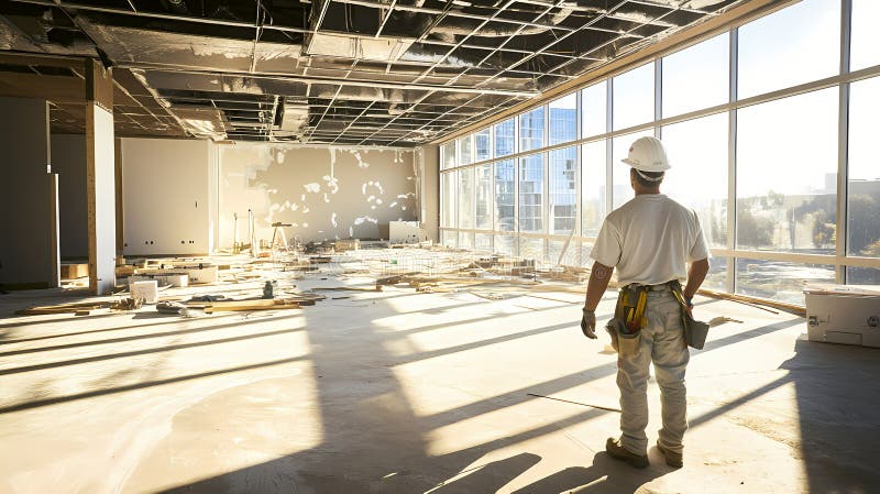 Construction Worker Inspecting Renovation Progress in Office Stock ...