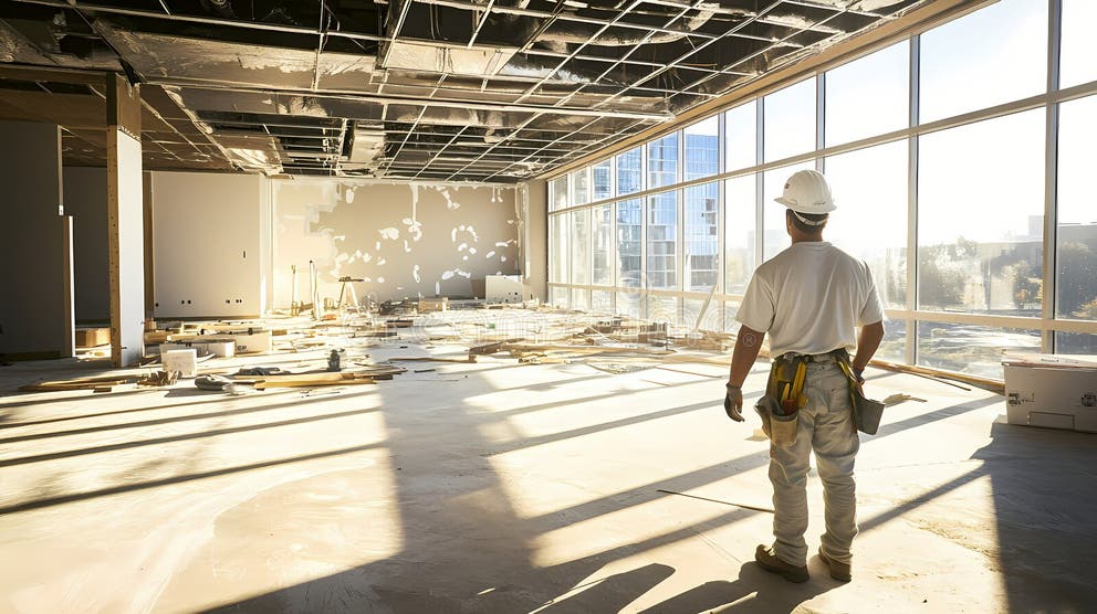 Construction Worker Inspecting Renovation Progress in Office Stock ...