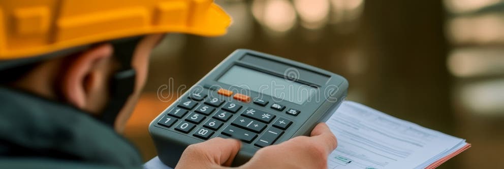 Construction Worker in Hard Hat Calculates Costs on Calculator Using ...