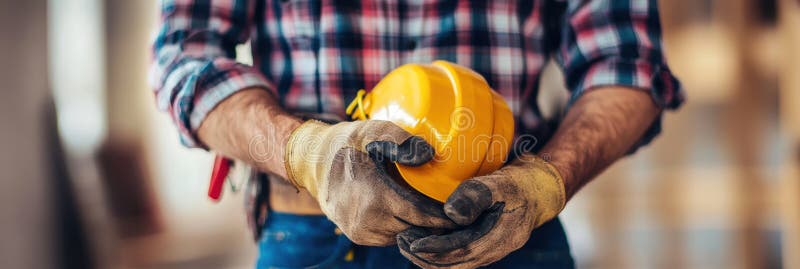 Construction Worker with Hard Hat and Gloves Ready for Work on a ...