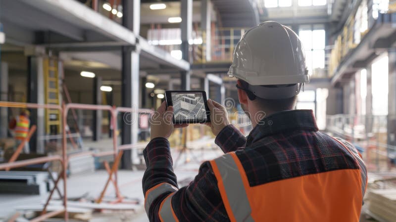 A Construction Worker in a Hard Hat and High-visibility Vest Reviews an ...