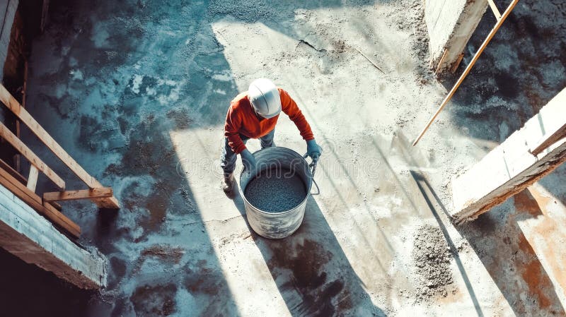 A Construction Worker in a Hard Hat Mixes Cement with an Electric Mixer ...