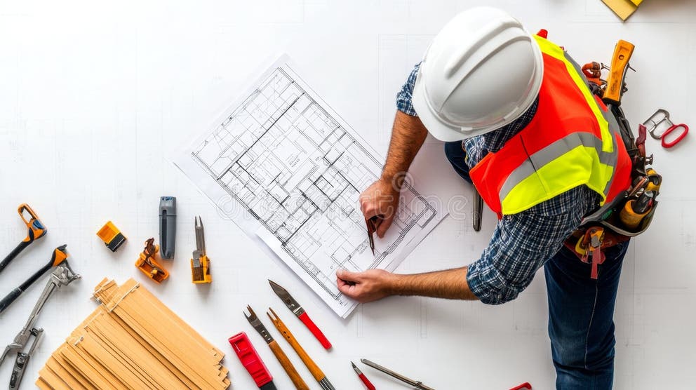 Construction Worker Analyzing Plans with Tools on Worksite Table Stock ...
